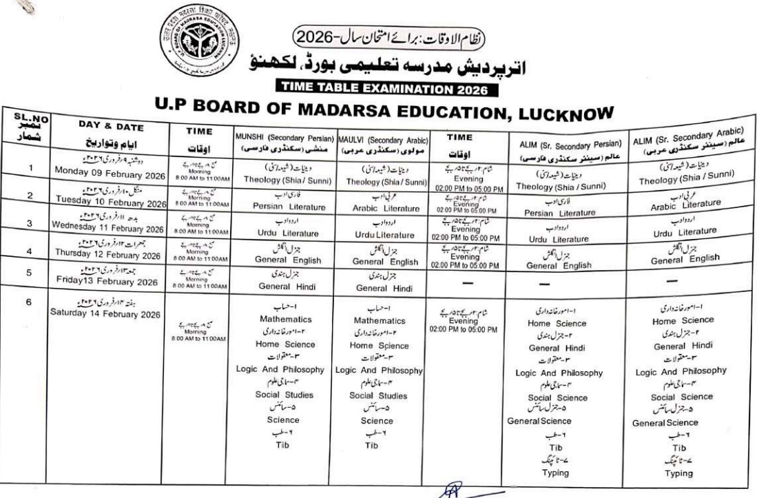 UP Madarsa Board Exam Date 2026: यूपी मदरसा बोर्ड 10वीं 12वीं टाइम टेबल ...