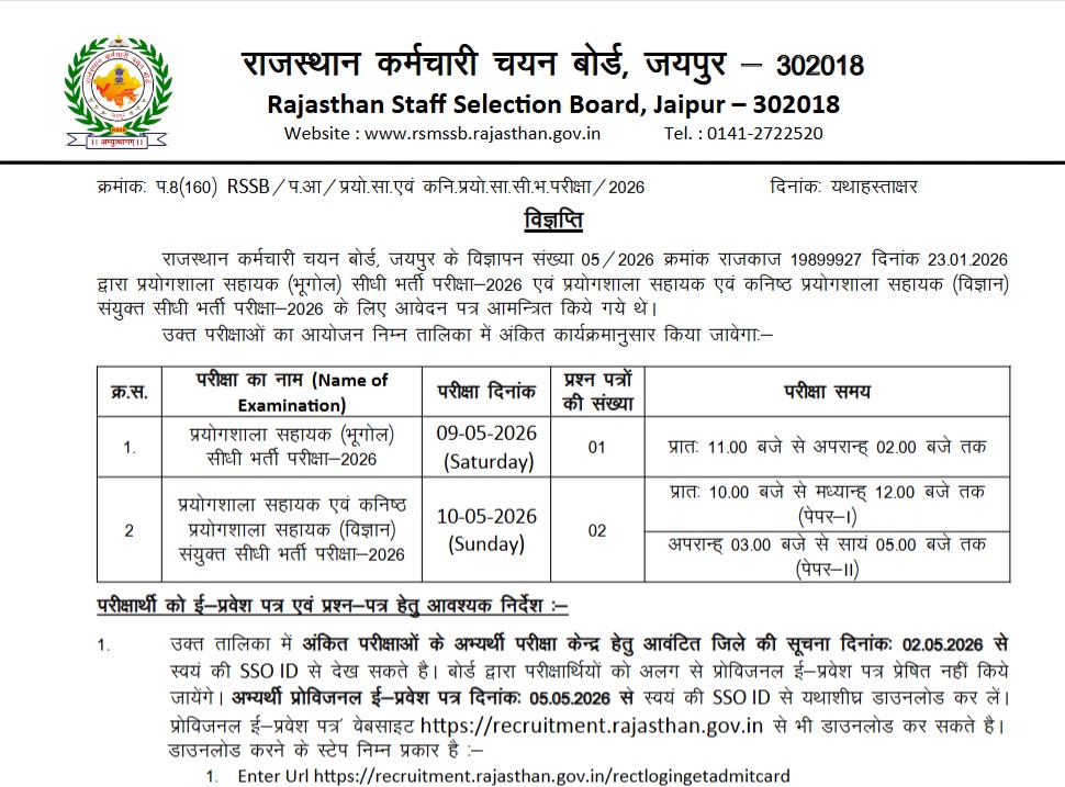 RSSB Lab Assistant Admit Card 2026: ये रहा राजस्थान लैब असिस्टेंट हॉल ...